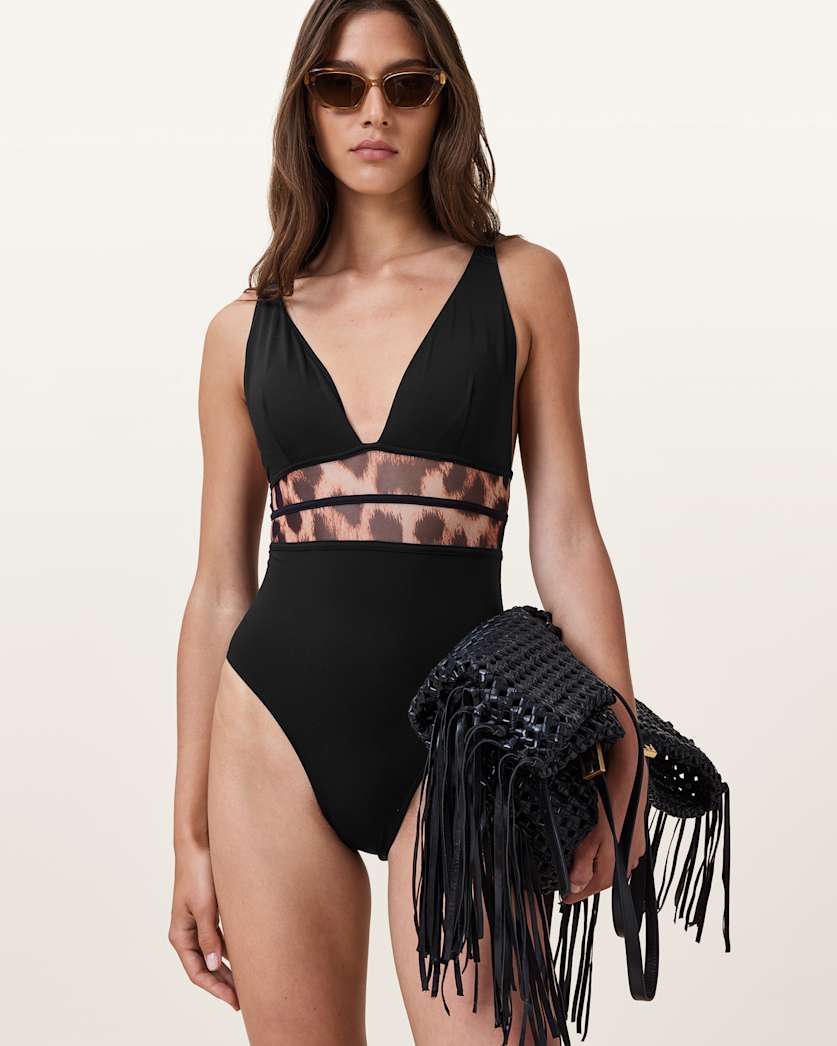 Xalia Mesh Leopard Print Swimsuit Black | ALLSAINTS